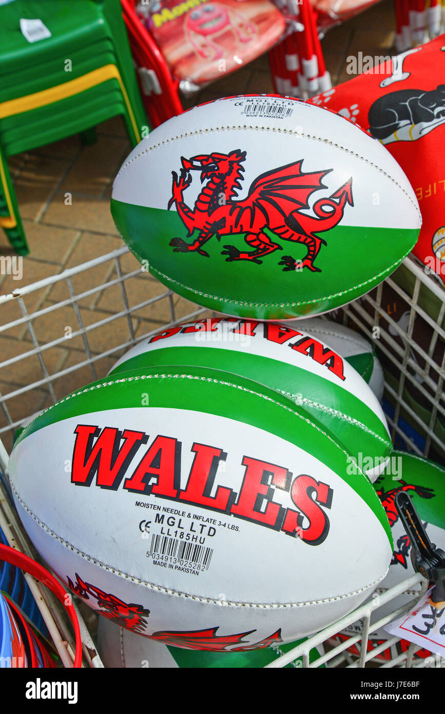 Welsh souvenir rugby balls, High Street, Rhyl (Y Rhyl), Denbighshire ...