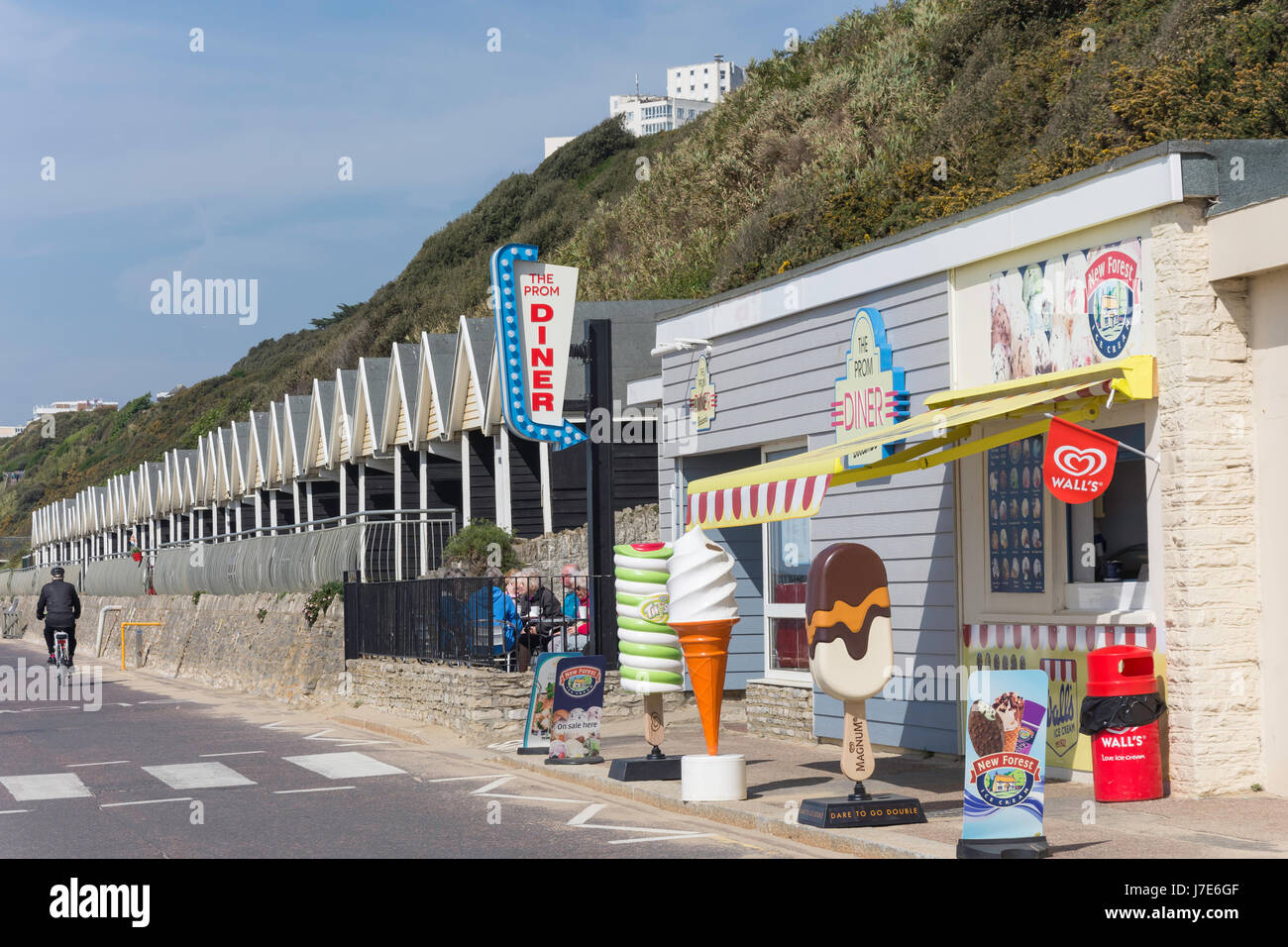 Promenade beach huts and The Prom Diner, Boscombe, Bournemouth, Dorset ...