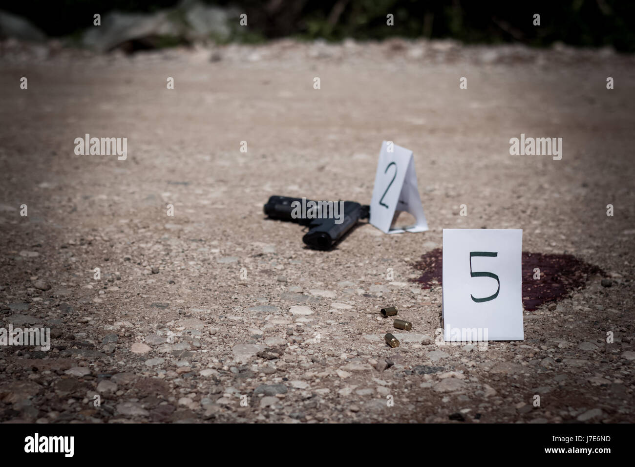 The crime scene, murder, investigation, gun and shell finds the police ...