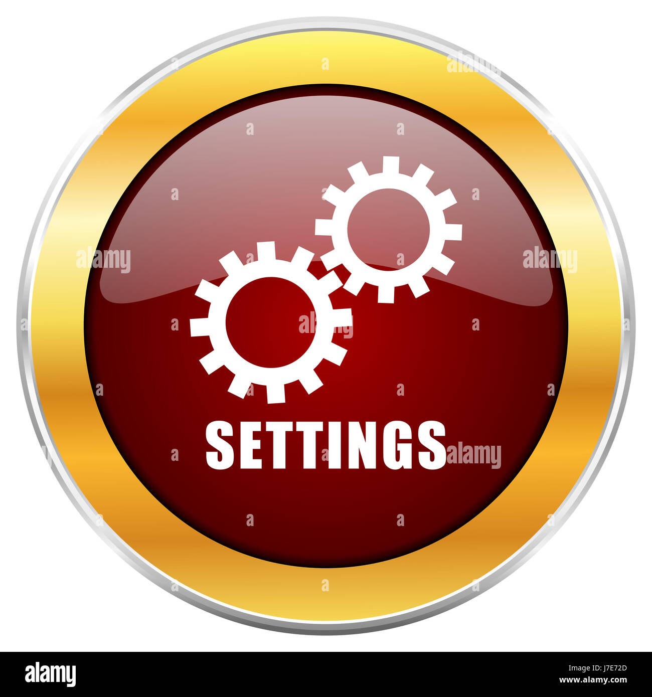Settings red web icon with golden border isolated on white background ...