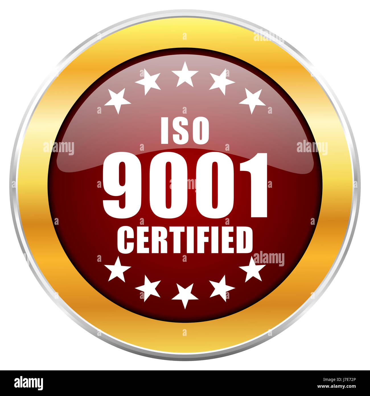 Iso 9001 red web icon with golden border isolated on white background ...