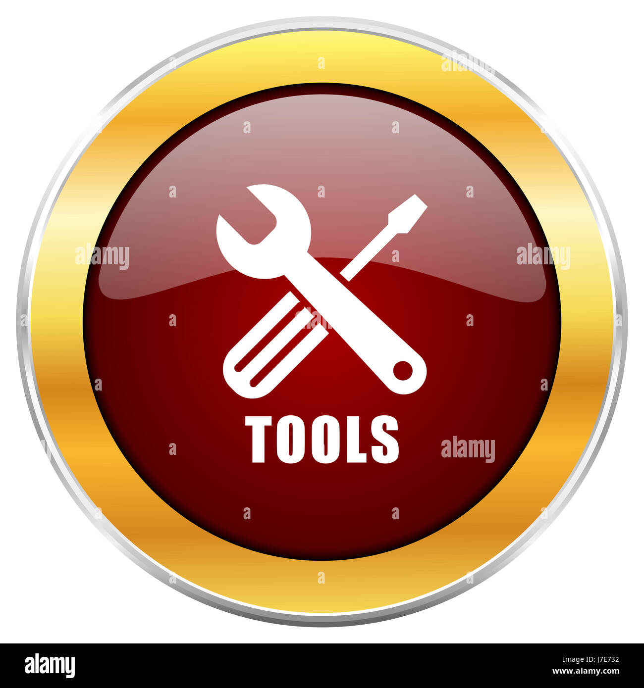 Tools red web icon with golden border isolated on white background ...