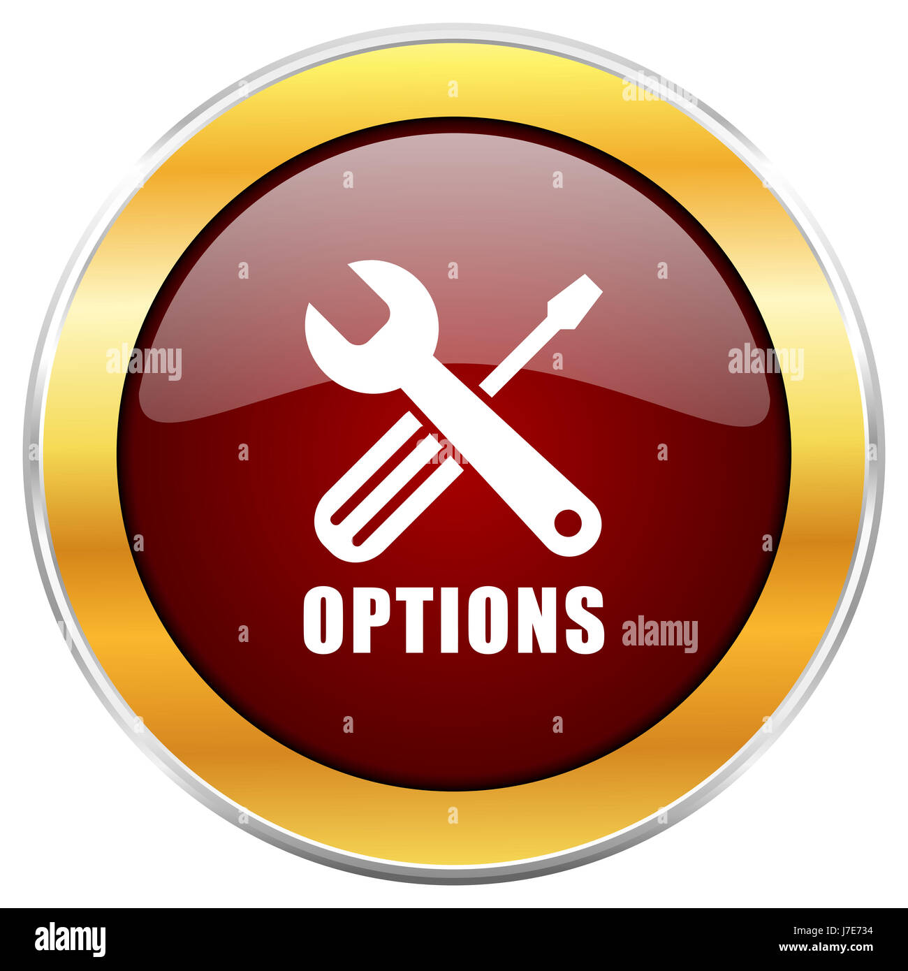 Options red web icon with golden border isolated on white background ...