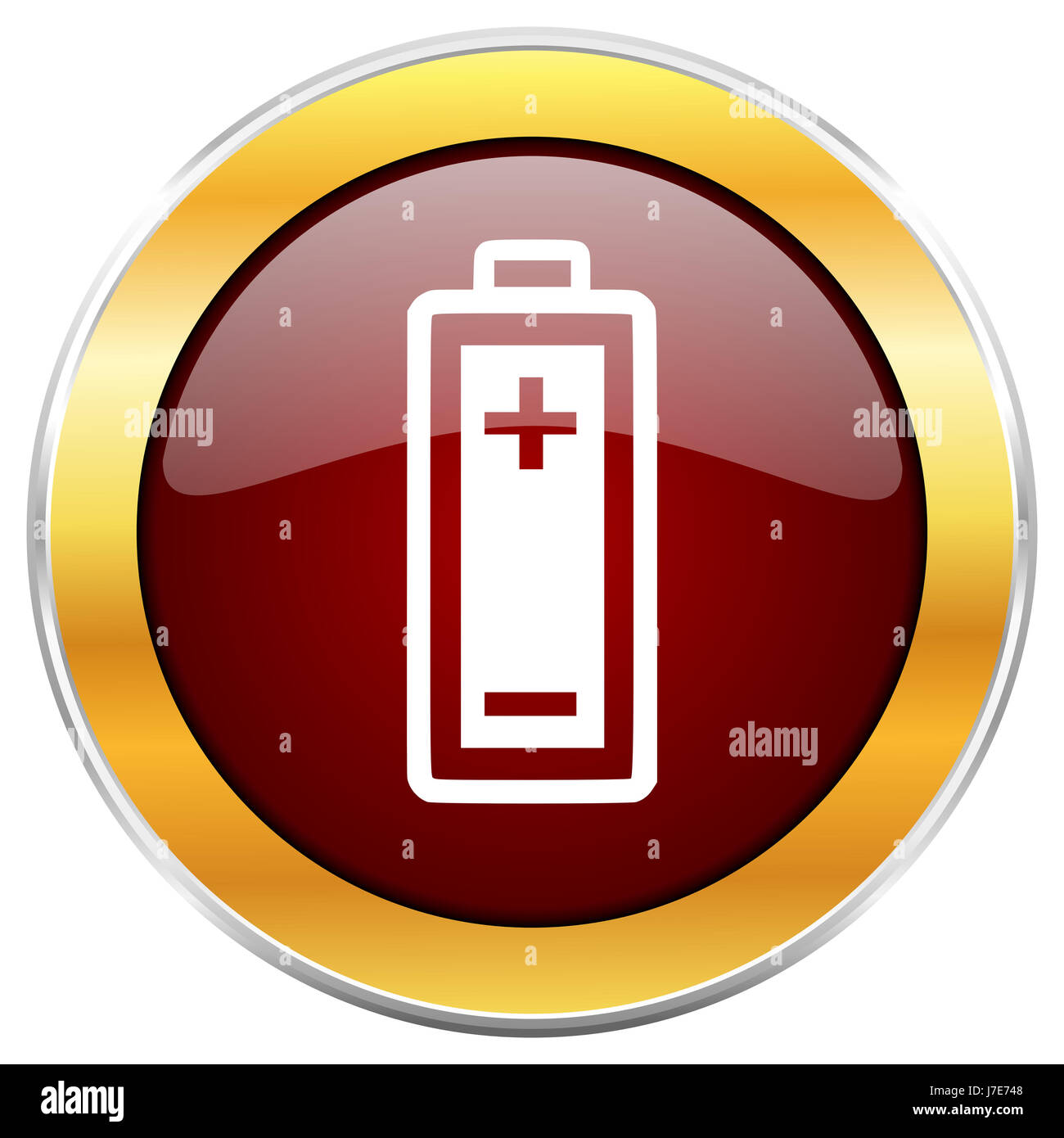 Battery red web icon with golden border isolated on white background ...