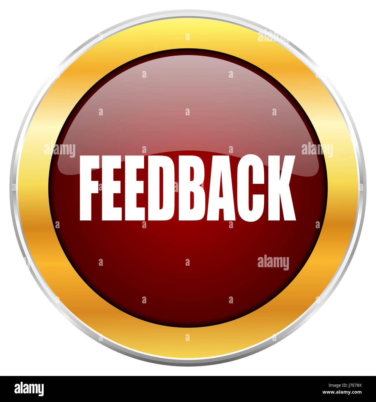 Feedback red web icon with golden border isolated on white background ...