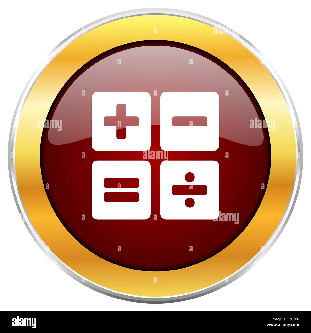 Calculator red web icon with golden border isolated on white background ...