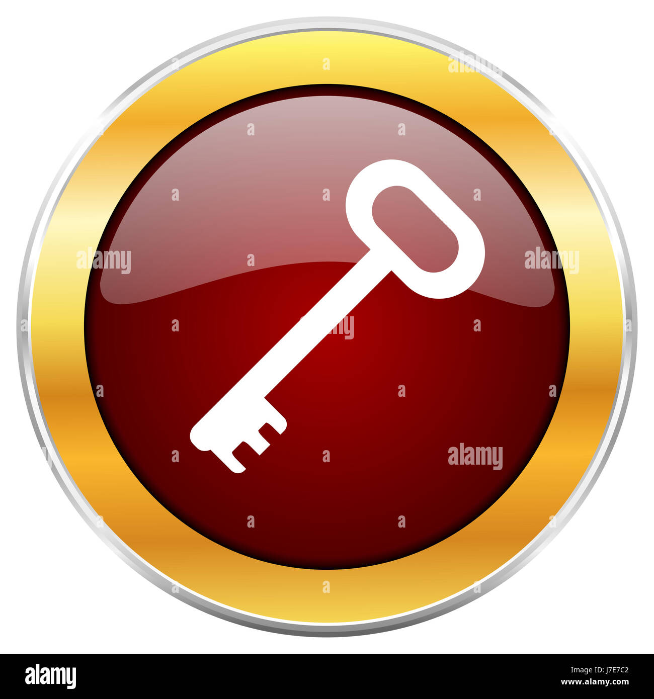 Key red web icon with golden border isolated on white background. Round ...