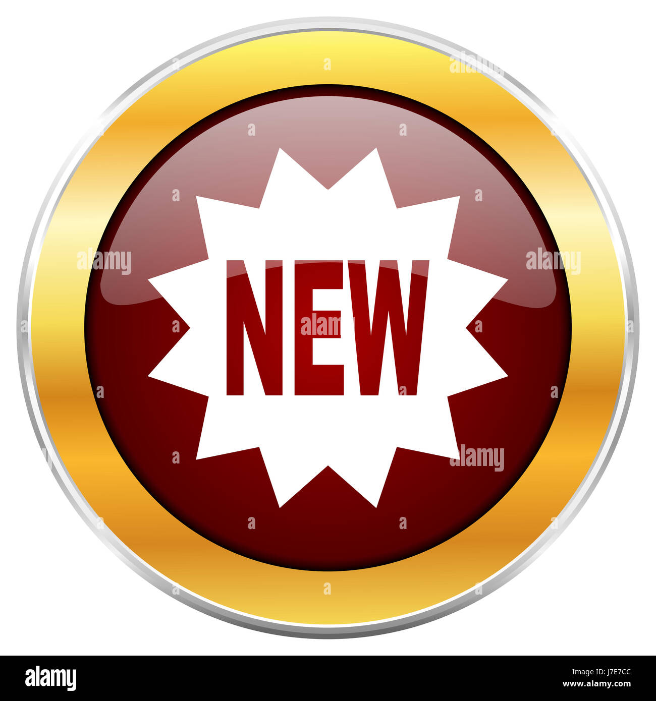New red web icon with golden border isolated on white background. Round ...