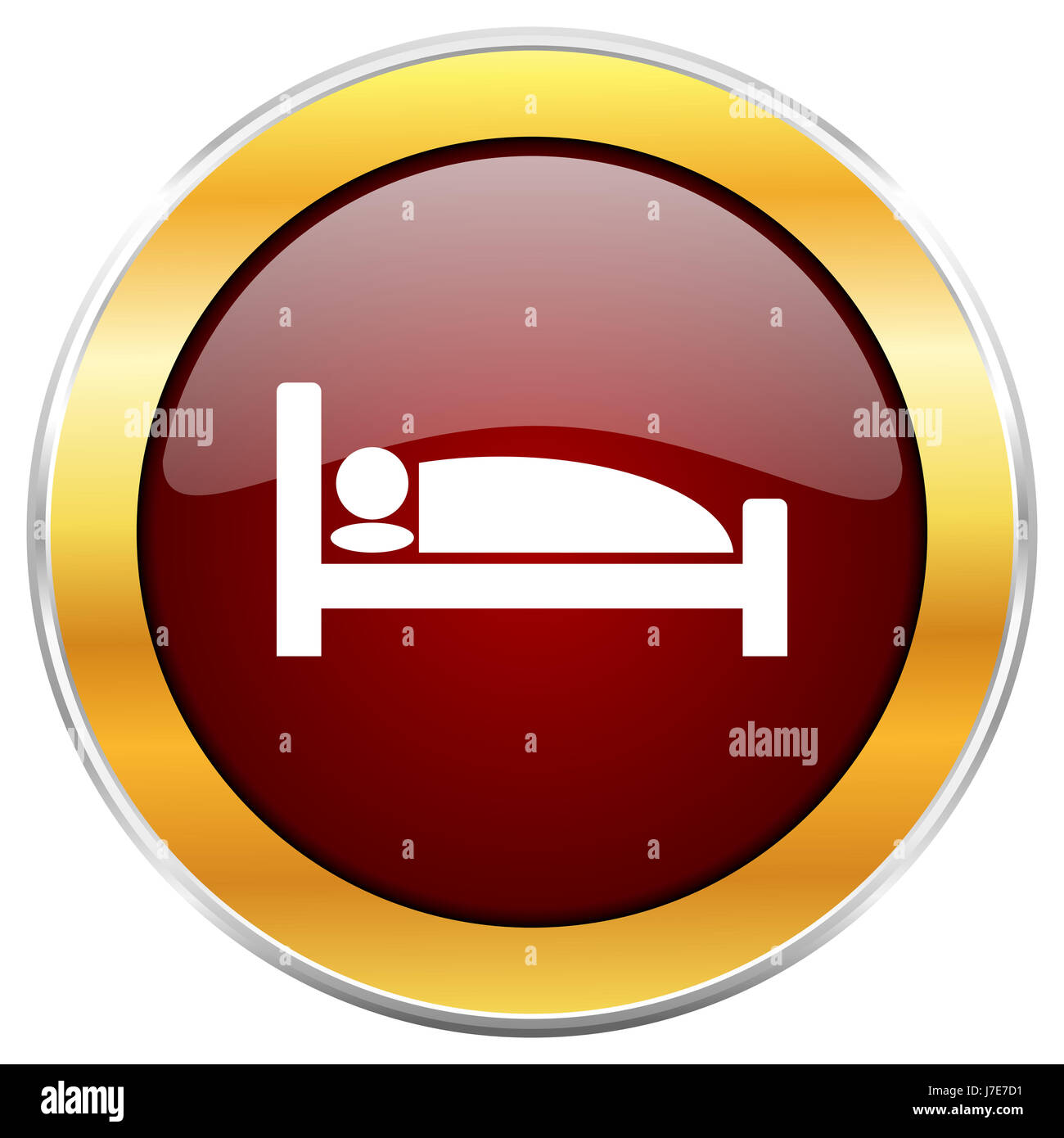 Hotel red web icon with golden border isolated on white background ...