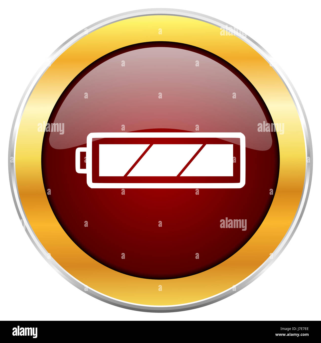 Battery red web icon with golden border isolated on white background ...