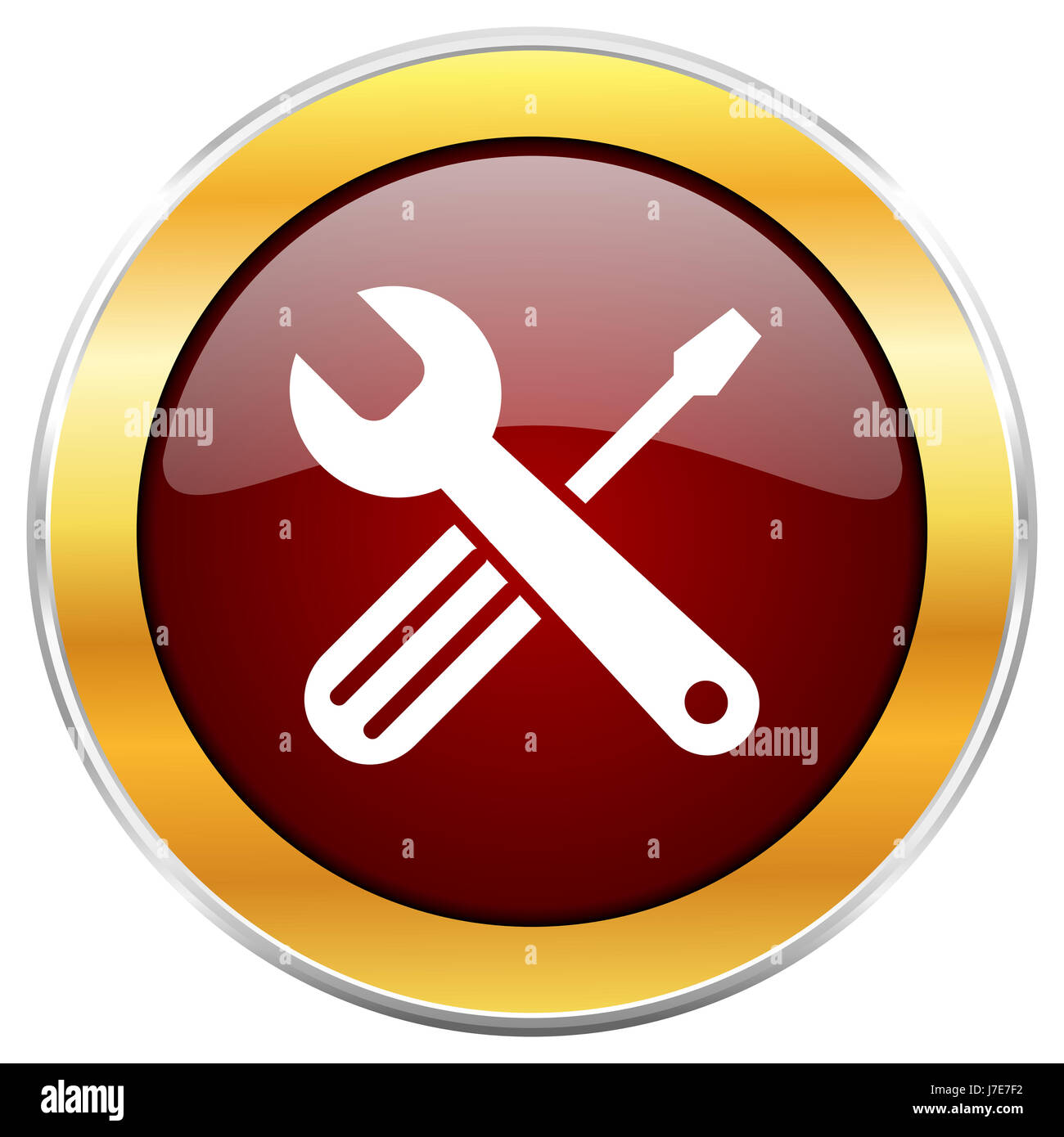 Tools red web icon with golden border isolated on white background ...