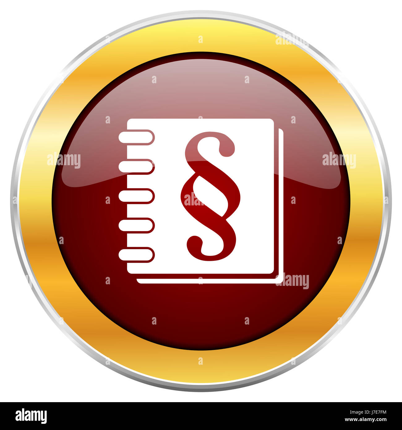 Law red web icon with golden border isolated on white background. Round ...