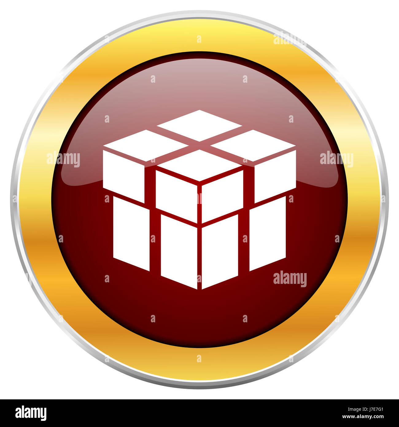 Box red web icon with golden border isolated on white background. Round ...