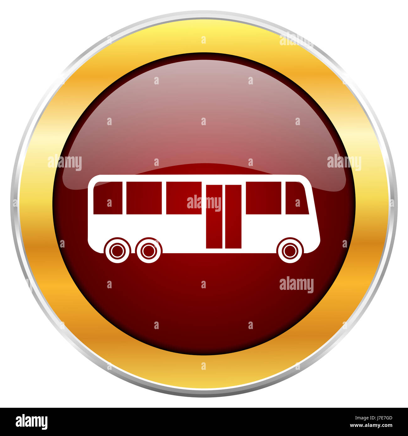 Bus red web icon with golden border isolated on white background. Round ...