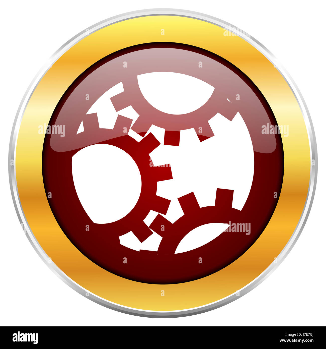 Gear red web icon with golden border isolated on white background ...