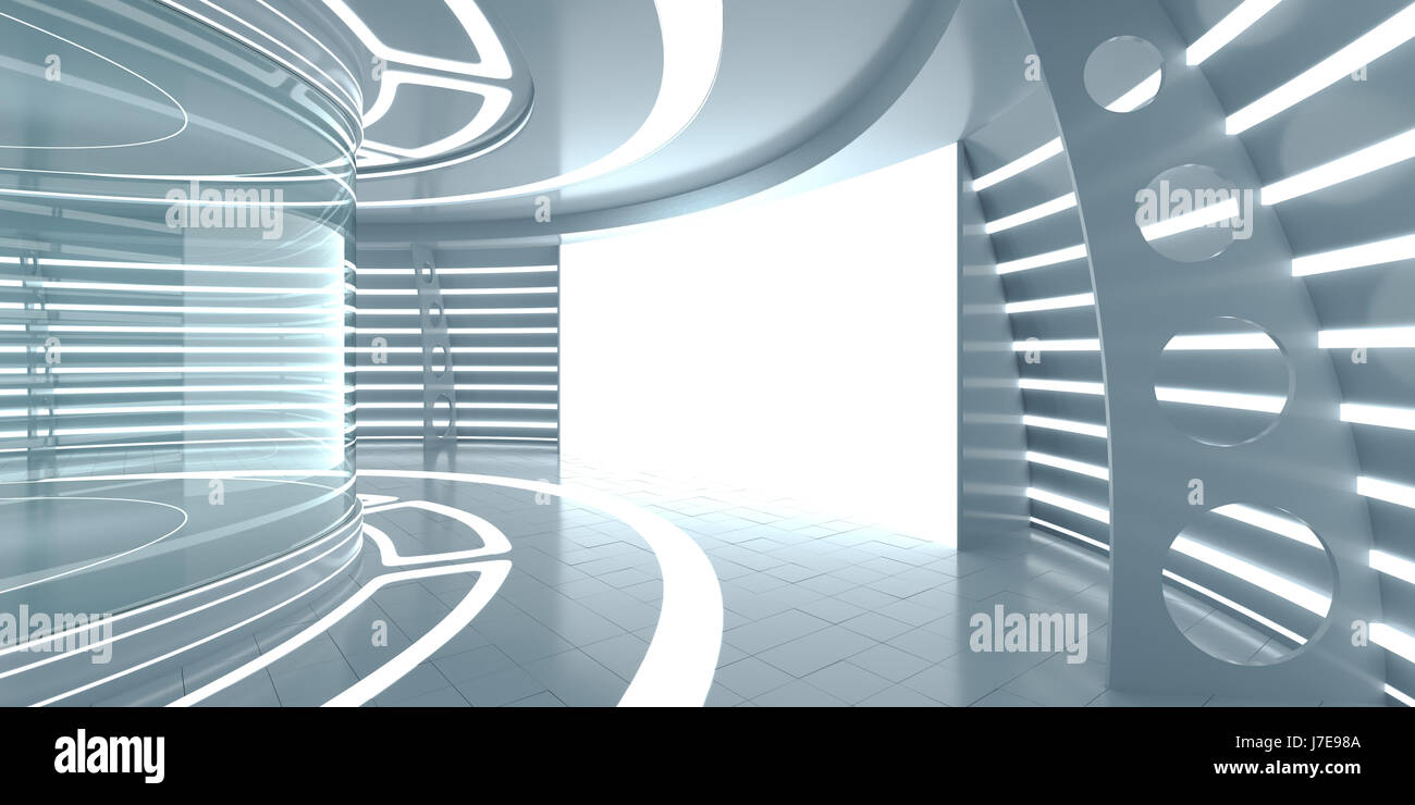 Futuristic interior with glass showcase and panel Stock Photo - Alamy