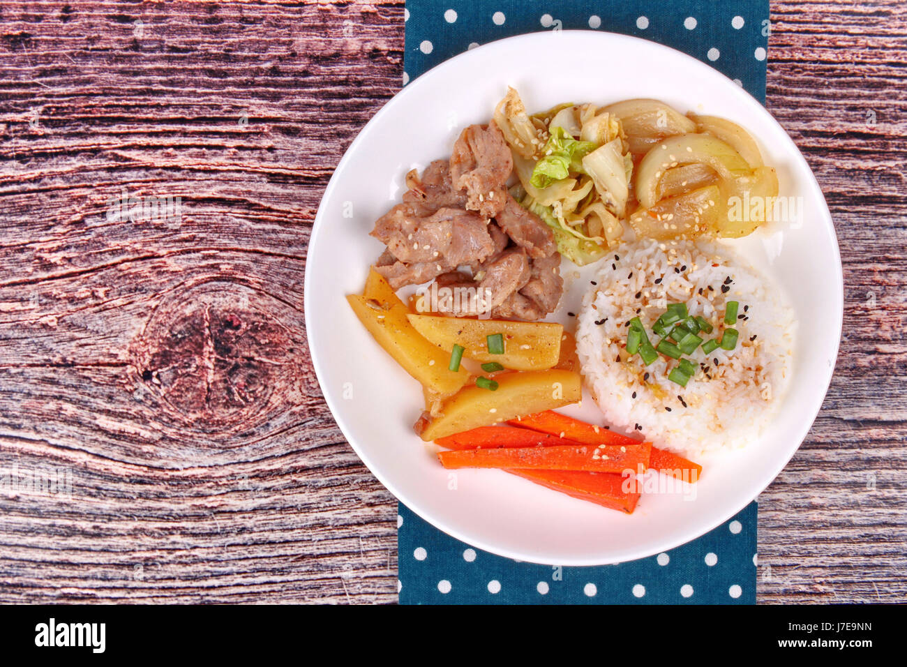Thai jasmine rice in American Korean style, Rice with sliced pork steak ...
