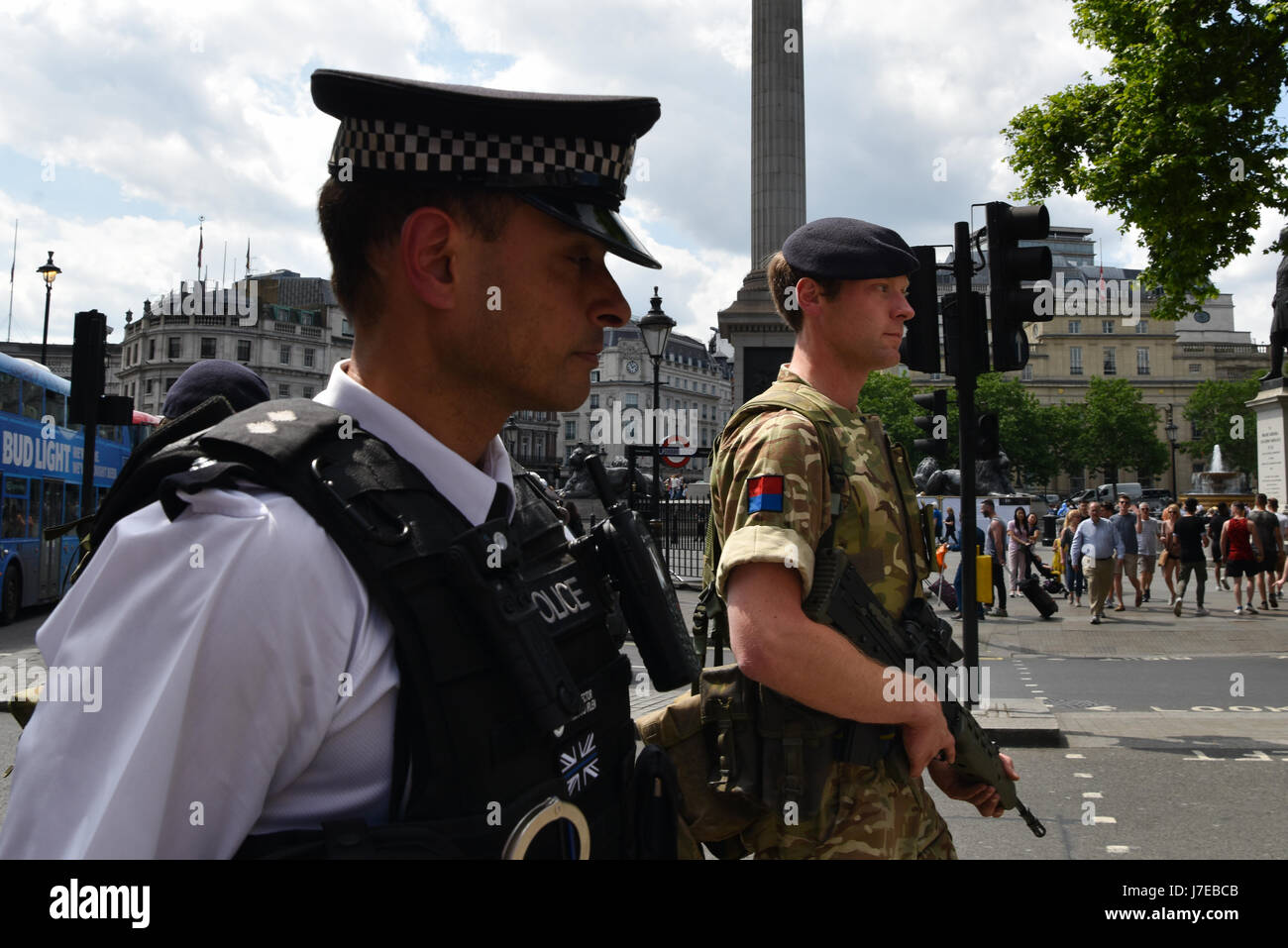 London, UK. 24th May, 2017. Armed soldiers are deployed in central ...