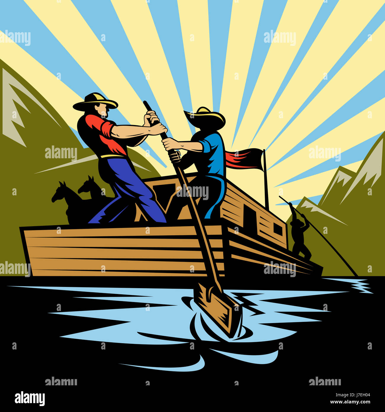 illustration paddle cowboy rowing river water man steering guidance men ...