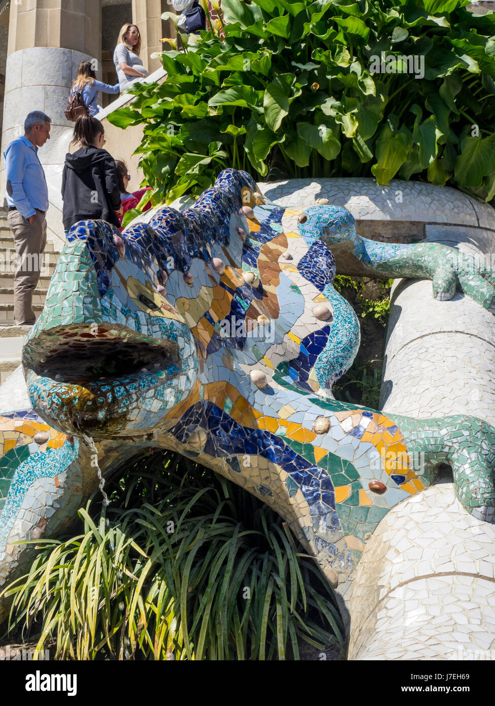 A mosaic tiled salamander, El Drac, in Antoni Gaudi's Park Güell ...