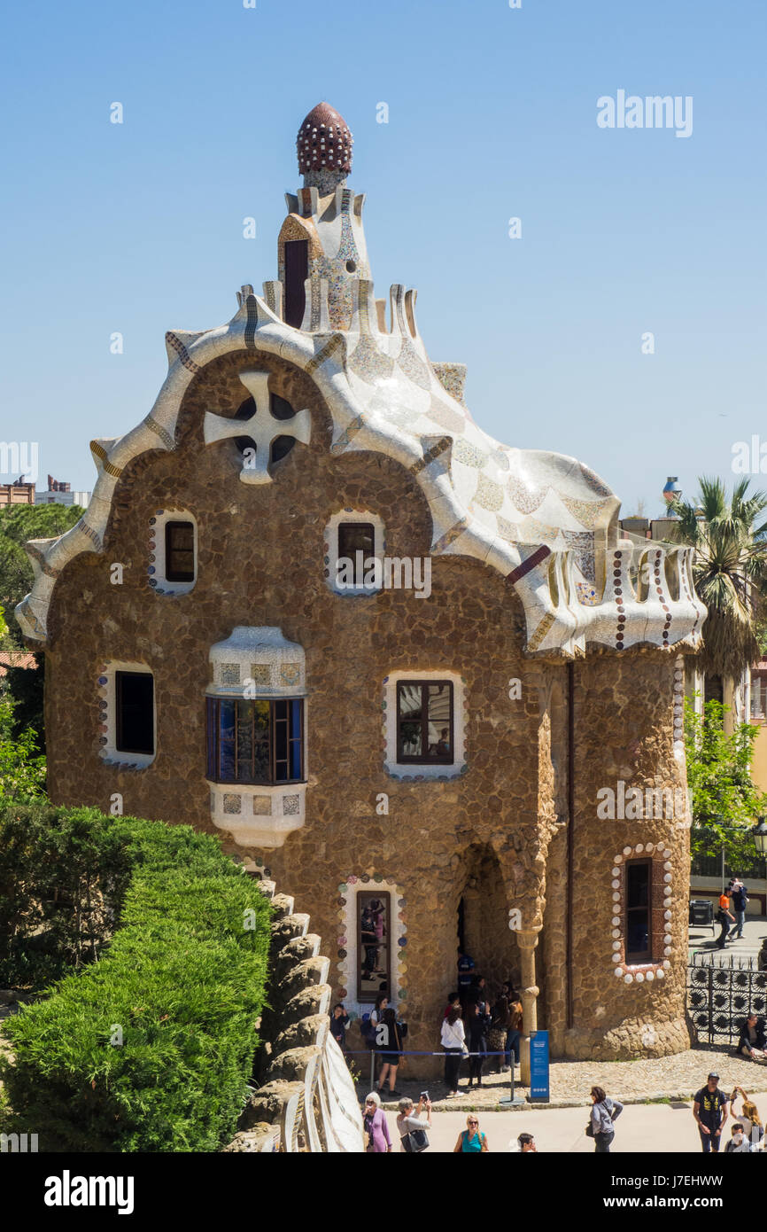 An ornate stone and mosaic tiled house in Antoni Gaudi's Park Güell ...