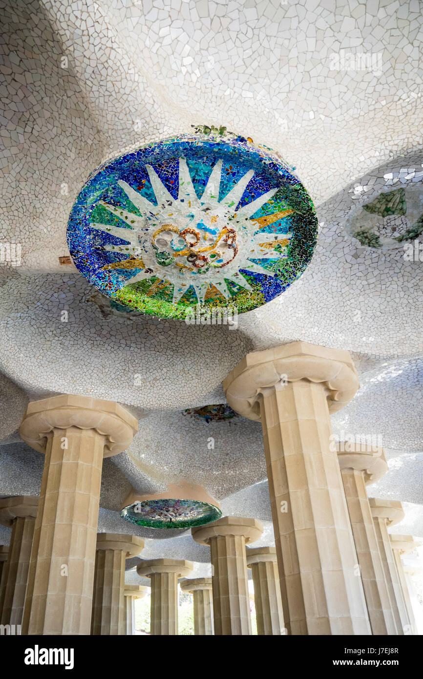 Decorative mosaic tiling of the ceiling of the Sala Hipóstila at Gaudi ...