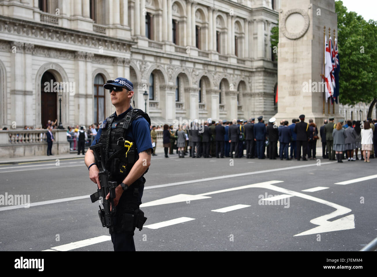 London, UK. 24th May, 2017. A firearms officer stands guard during a ...