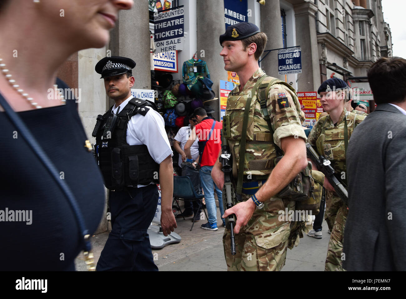 London, UK. 24th May, 2017. Armed soldiers are deployed in central ...