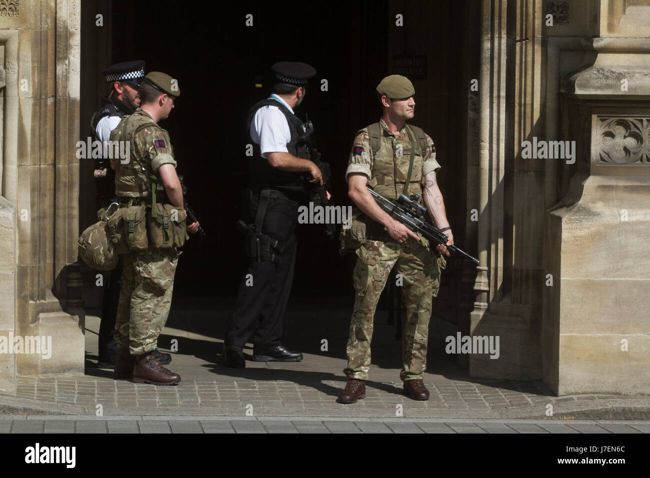London UK. 24th May 2017. British Army soldiers are deployed as part of ...