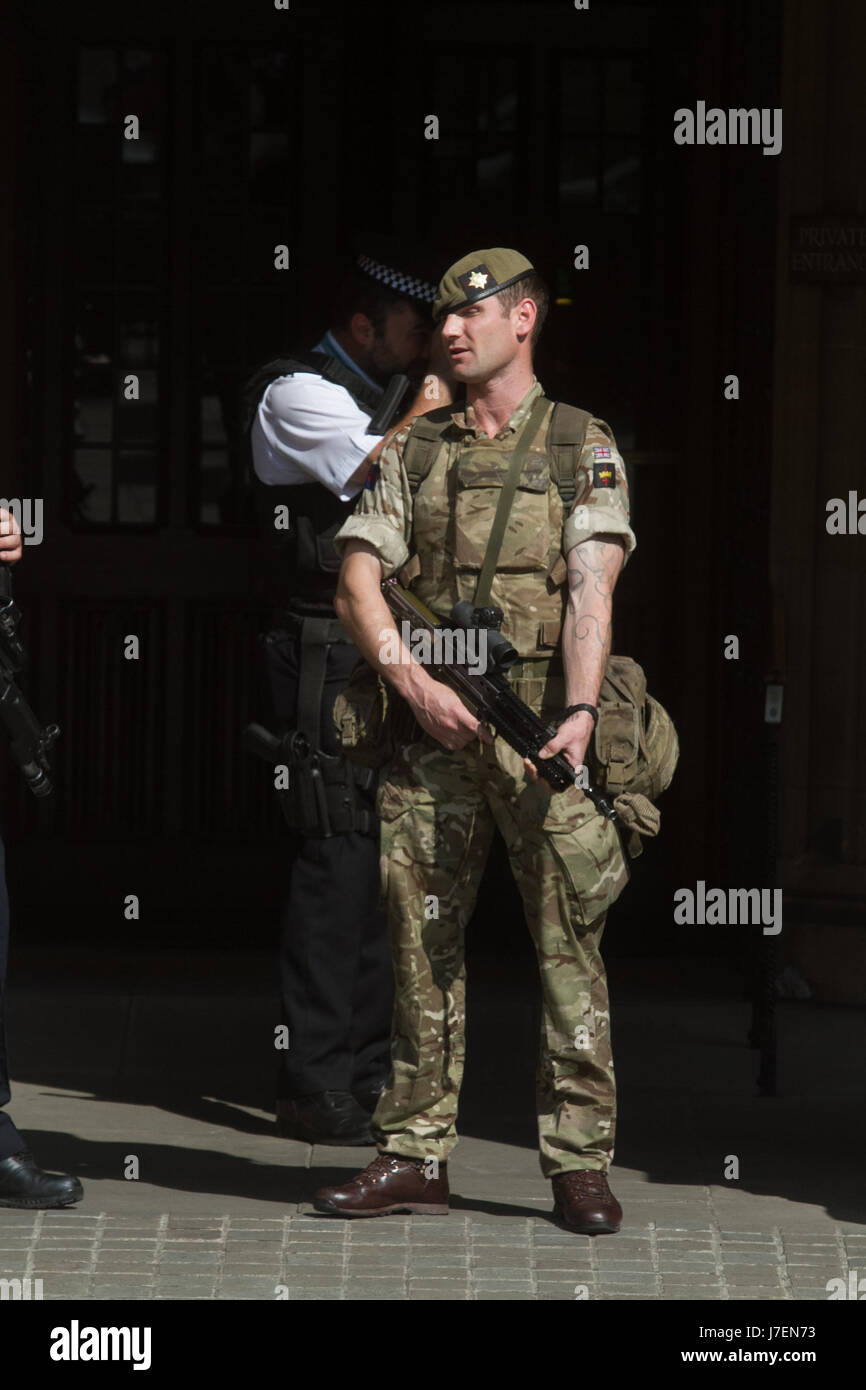 London UK. 24th May 2017. British Army soldiers are deployed as part of ...
