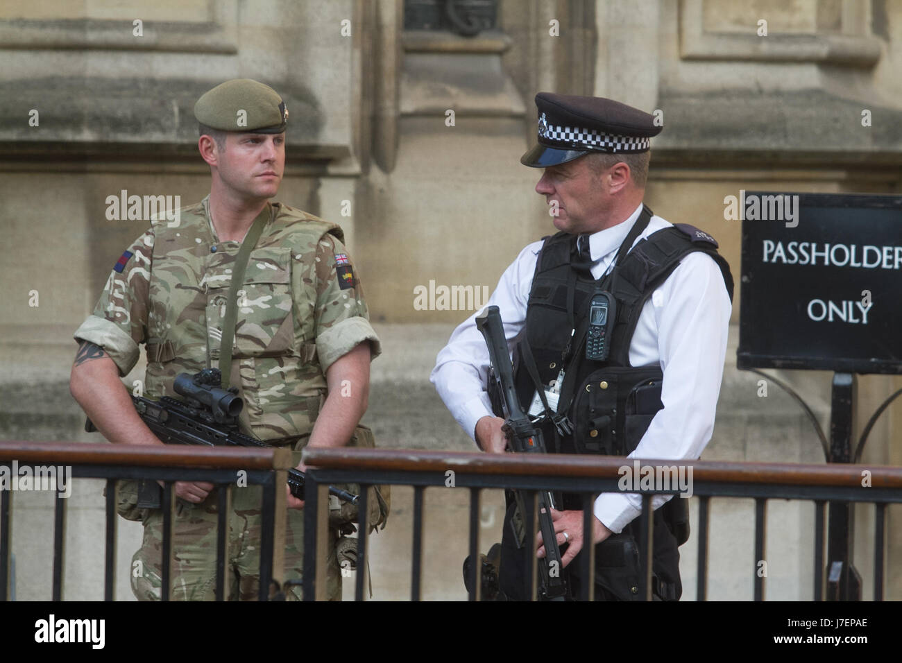 London UK. 24th May 2017. British Army soldiers are deployed as part of ...
