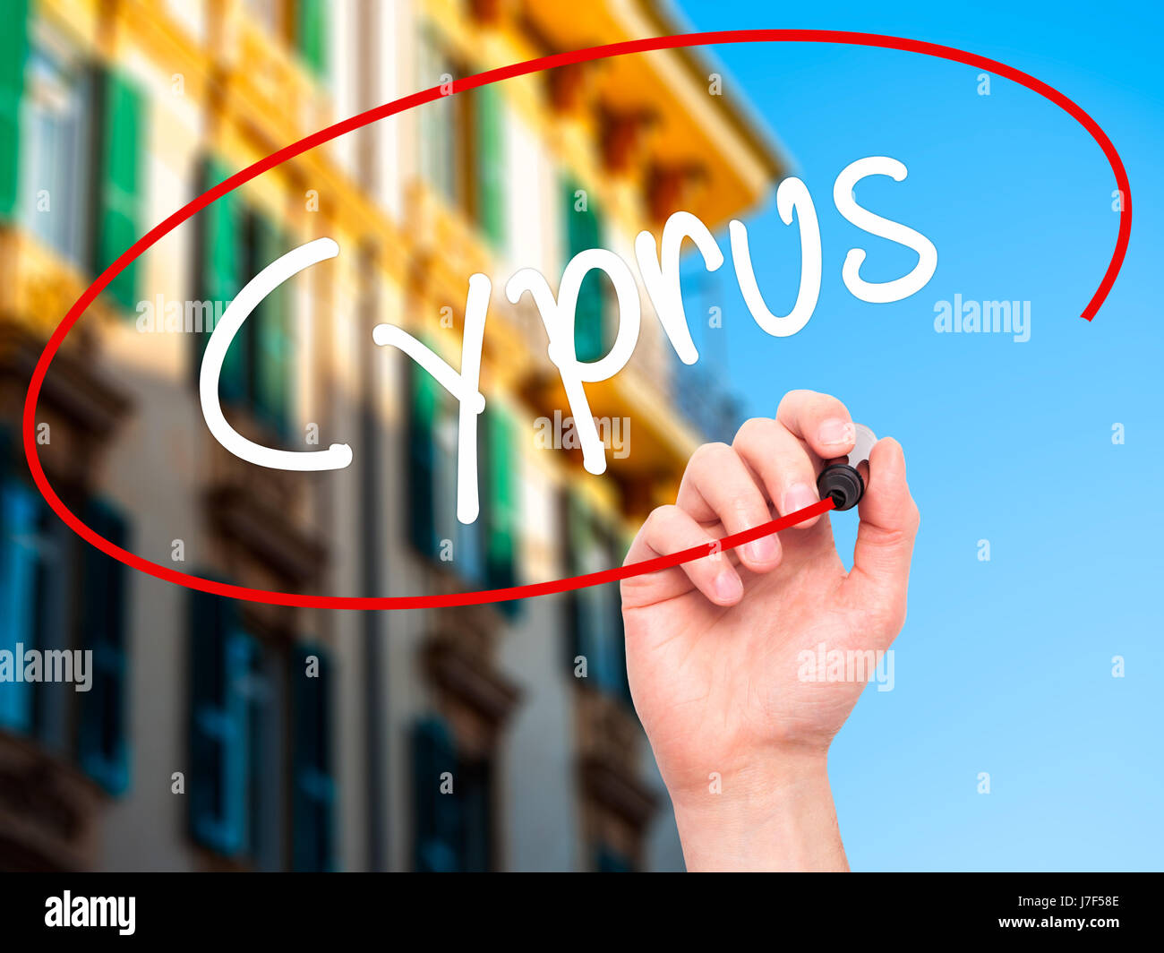 Man Hand writing Cyprus with black marker on visual screen. Isolated on ...