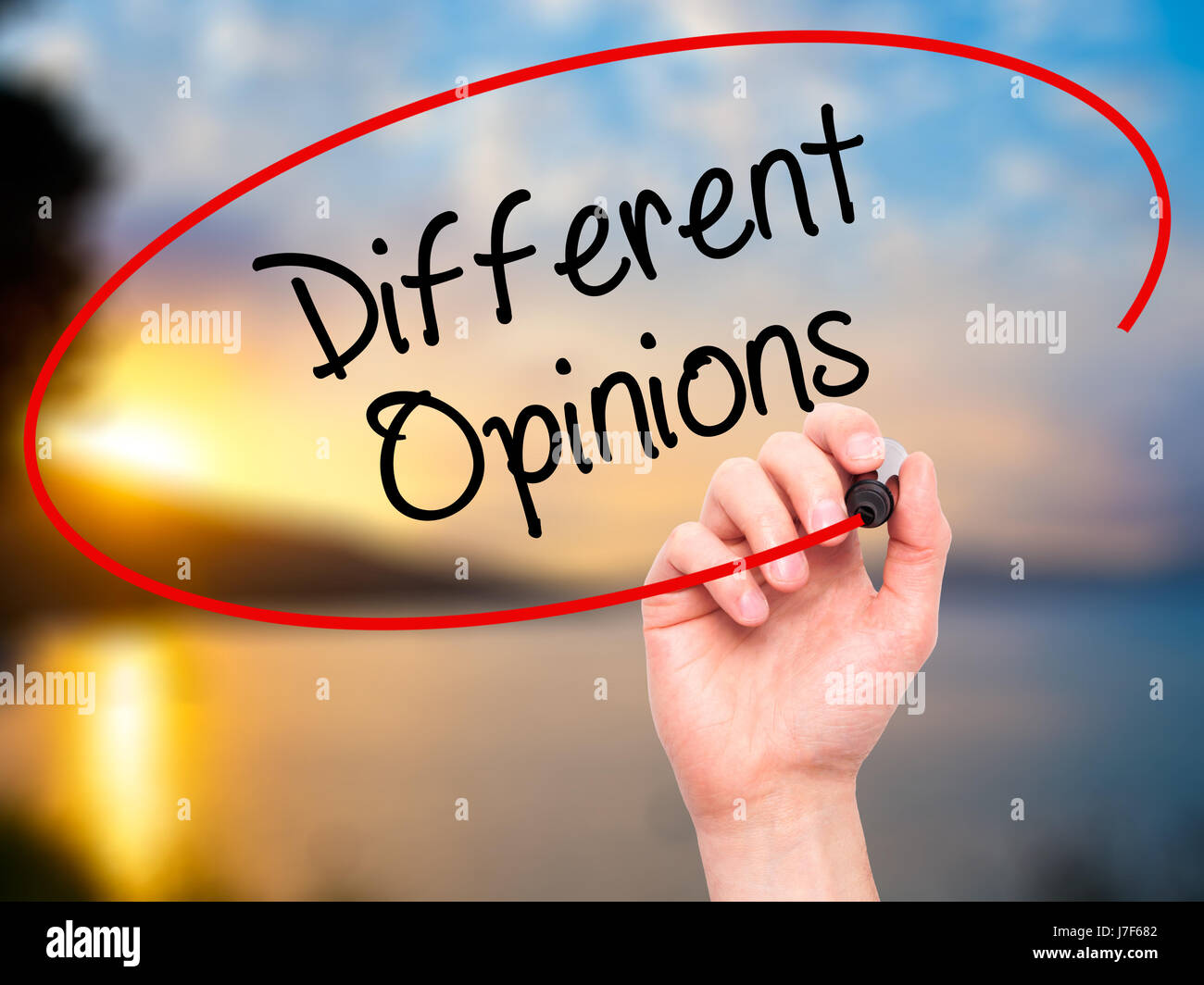 Man Hand writing Different Opinions with black marker on visual screen ...