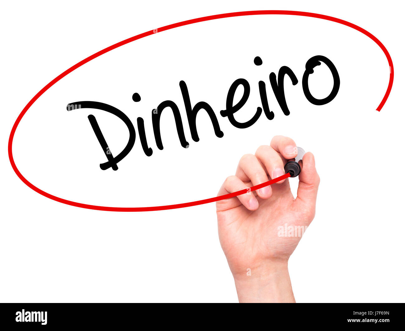 Man Hand writing Dinheiro (Money in Portuguese) with black marker on ...