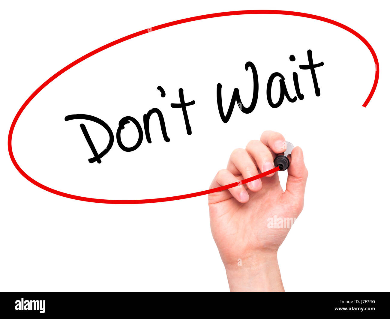 Man Hand writing Don't Wait with black marker on visual screen ...