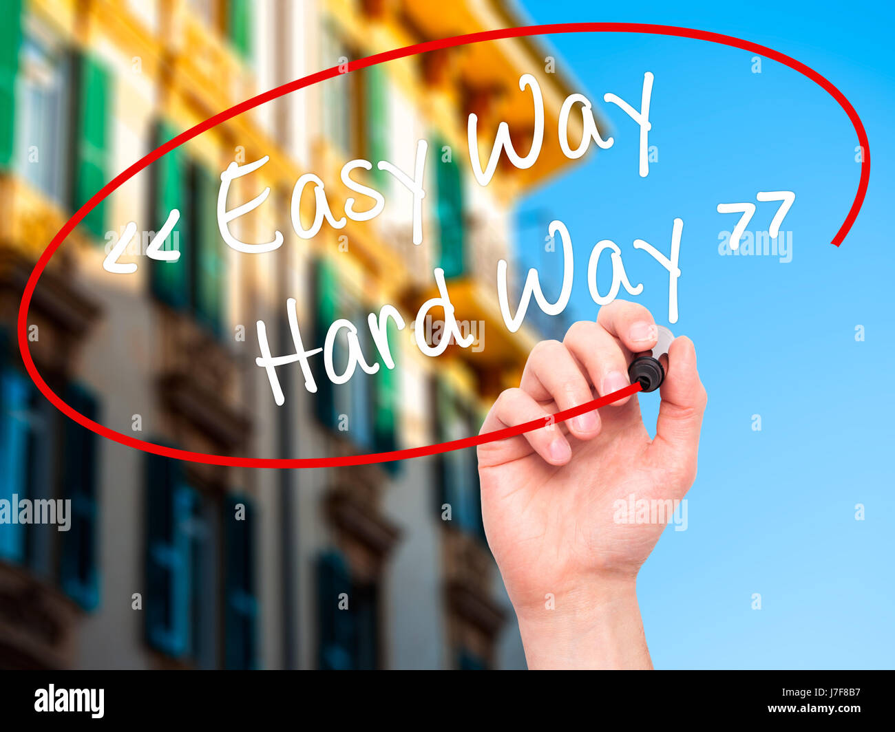 Man Hand writing Easy Way - Hard Way with black marker on visual screen ...