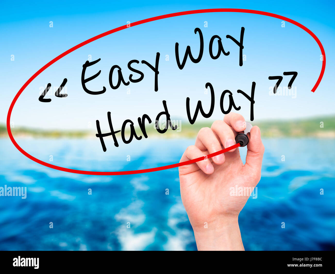 Man Hand writing Easy Way - Hard Way with black marker on visual screen ...