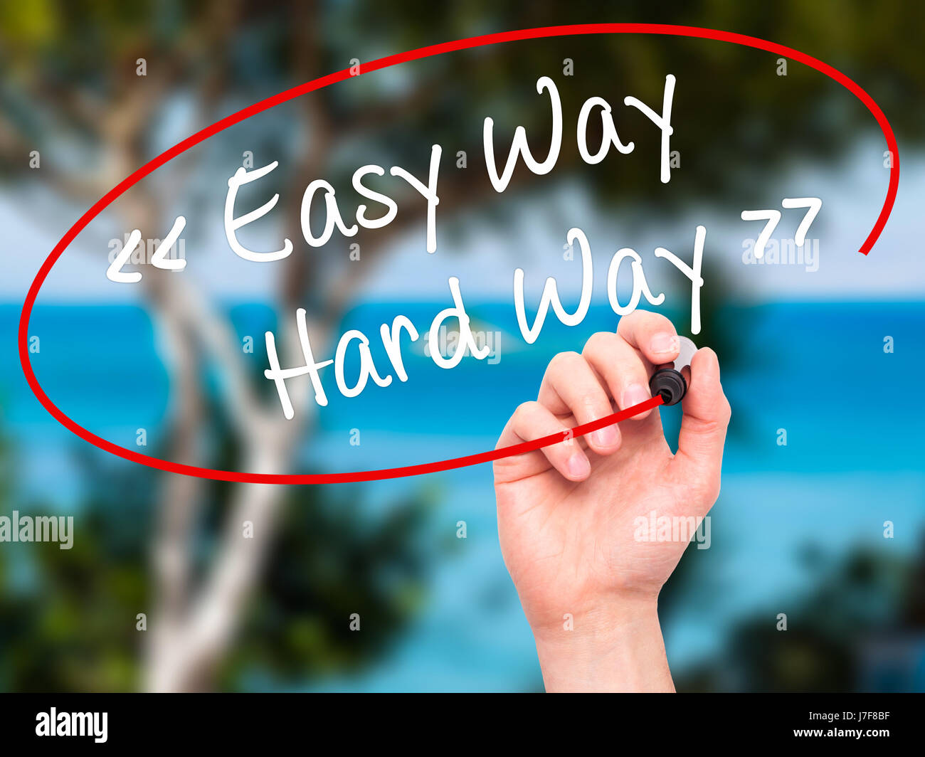 Man Hand writing Easy Way - Hard Way with black marker on visual screen ...