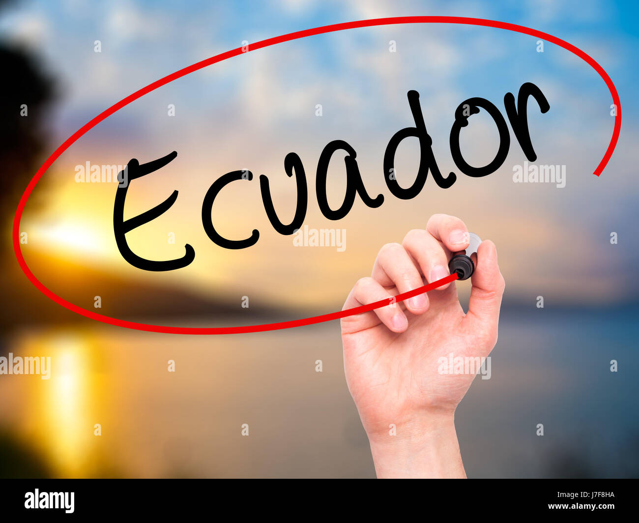 Man Hand writing Ecuador with black marker on visual screen. Isolated ...