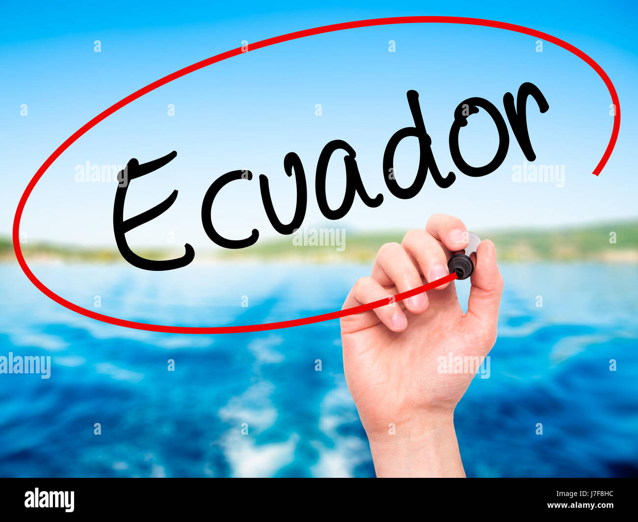 Man Hand writing Ecuador with black marker on visual screen. Isolated ...