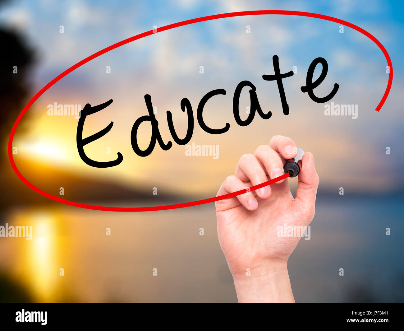 Man Hand writing Educate with black marker on visual screen. Isolated ...