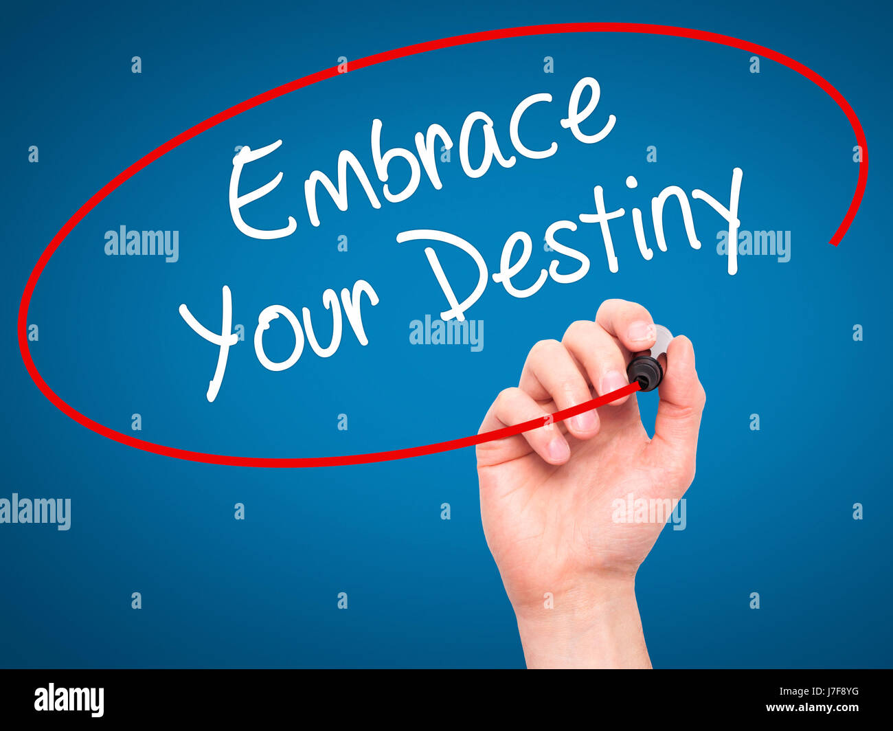 Man Hand writing Embrace Your Destiny with black marker on visual ...