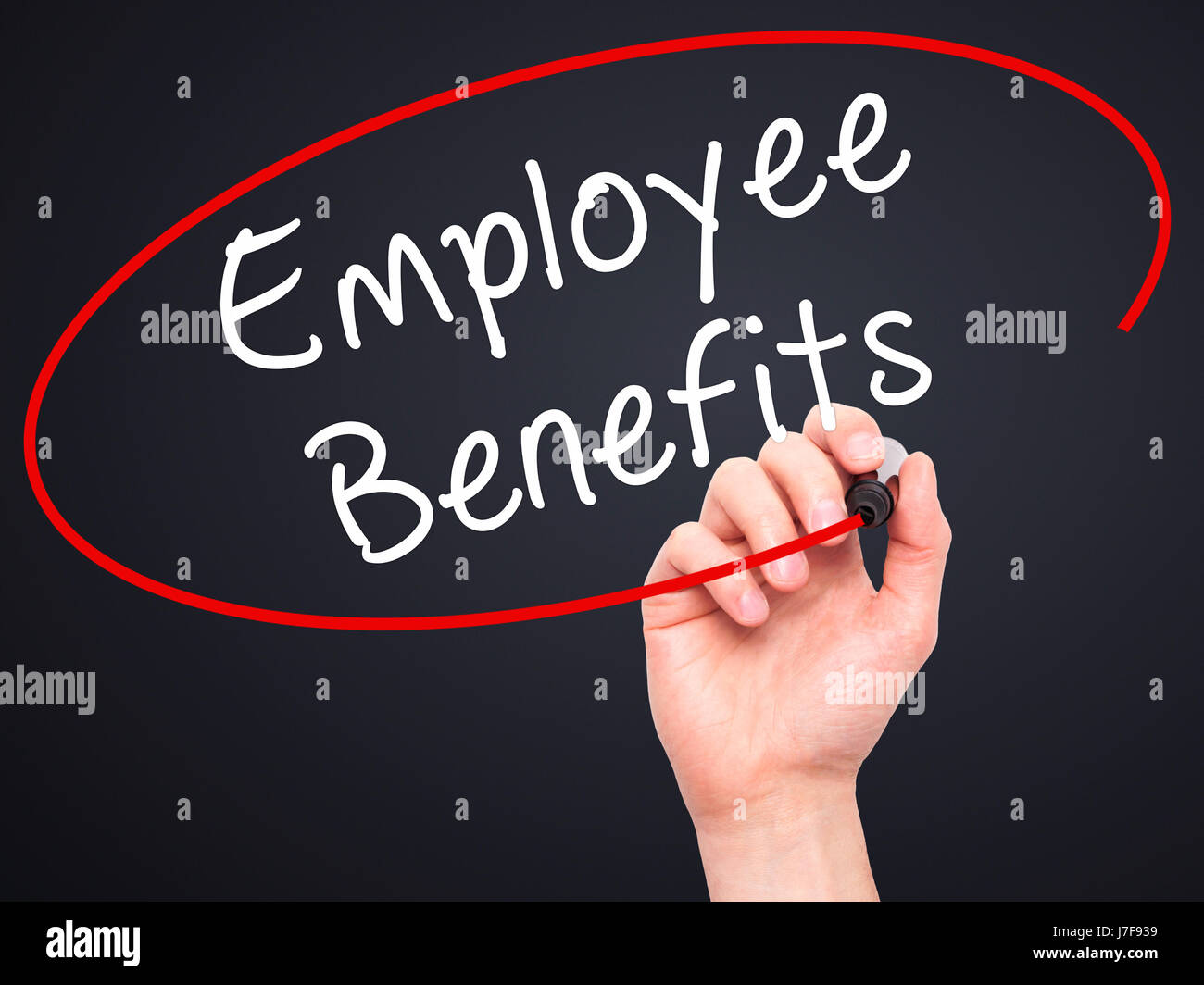 Man Hand writing Employee Benefits with black marker on visual screen ...