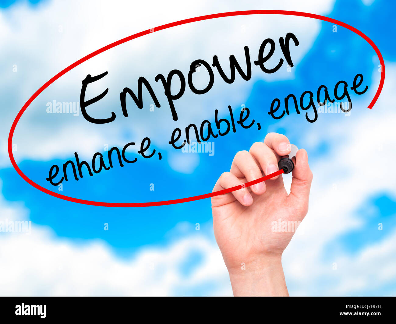 Man Hand writing Empower enhance, enable, engage with black marker on ...
