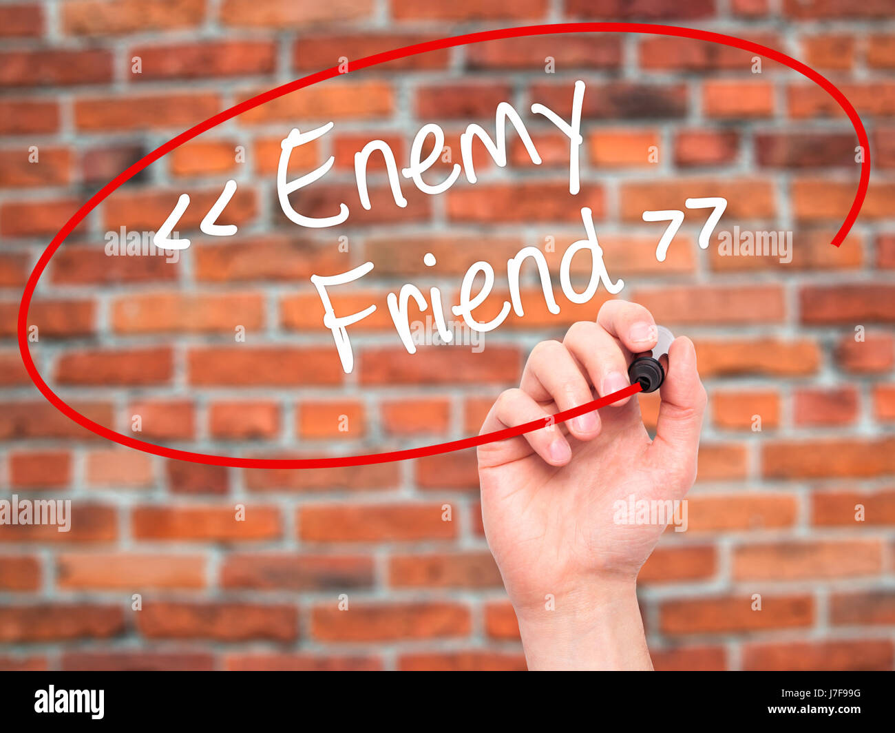 Man Hand writing Enemy - Friend with black marker on visual screen ...