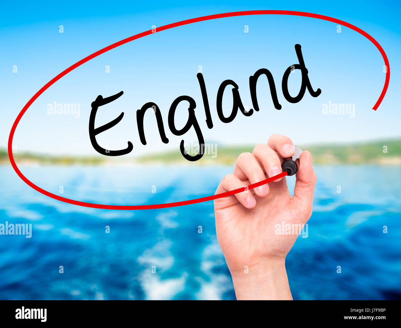 Man Hand writing England with black marker on visual screen. Isolated ...