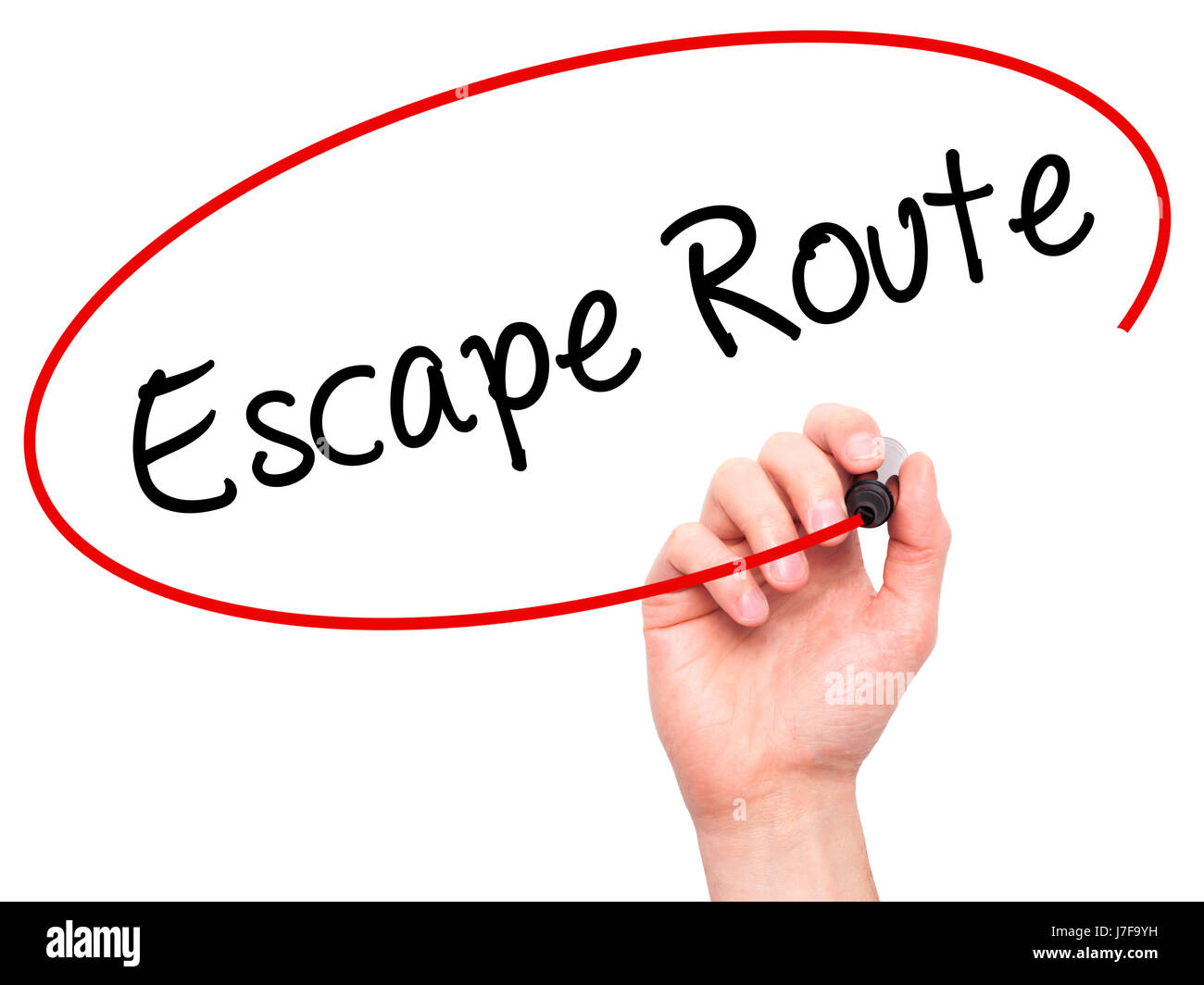 Man Hand writing Escape Route with black marker on visual screen ...