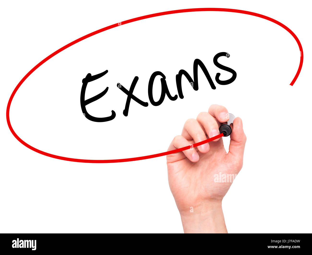 Man Hand writing Exams with black marker on visual screen. Isolated on ...