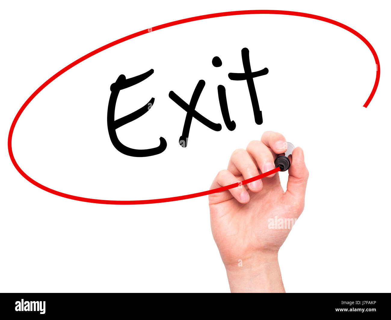 Man Hand writing Exit with black marker on visual screen. Isolated on ...