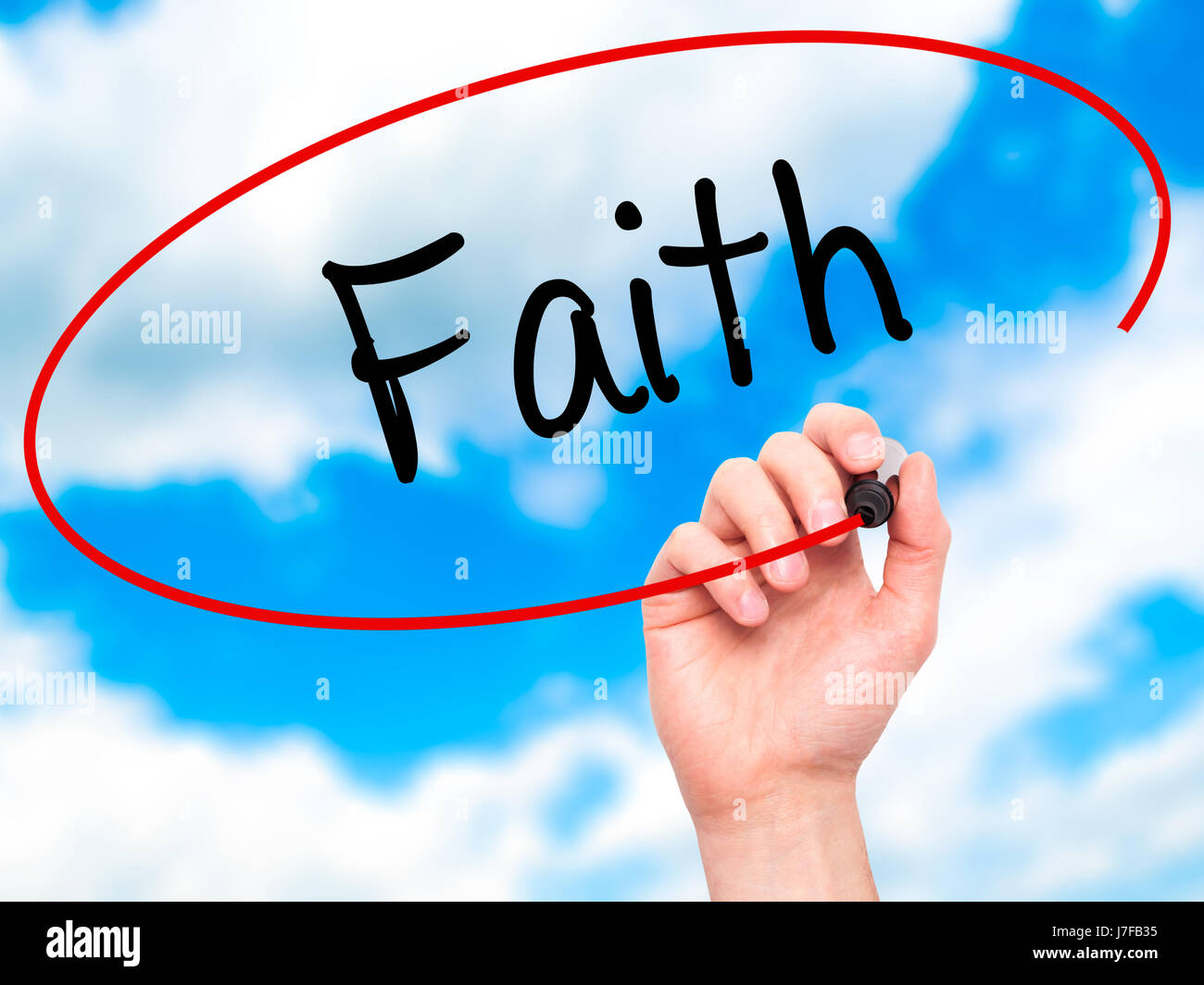 Man Hand writing Faith with black marker on visual screen. Isolated on ...